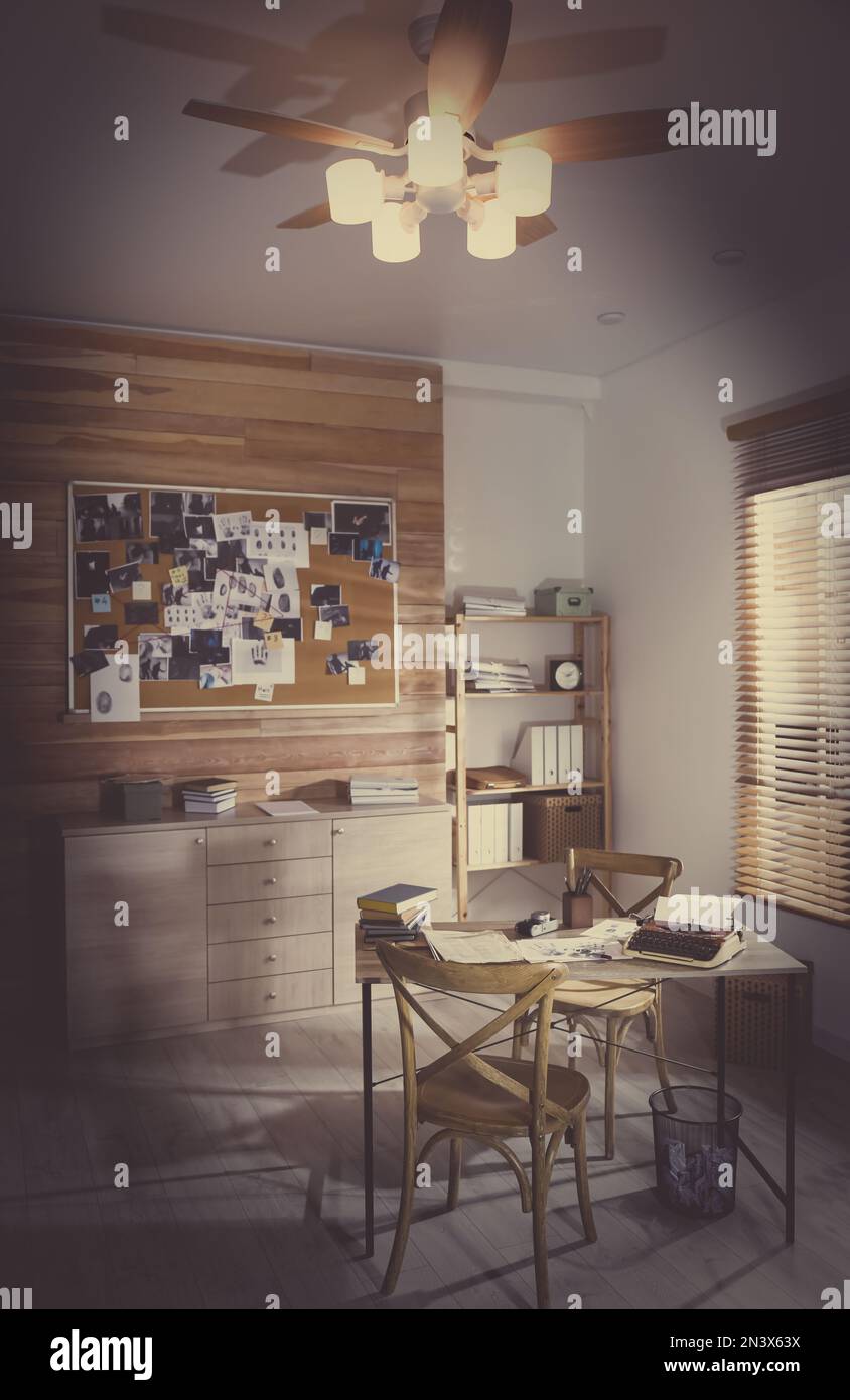 Detective office interior with evidence board on wall Stock Photo - Alamy