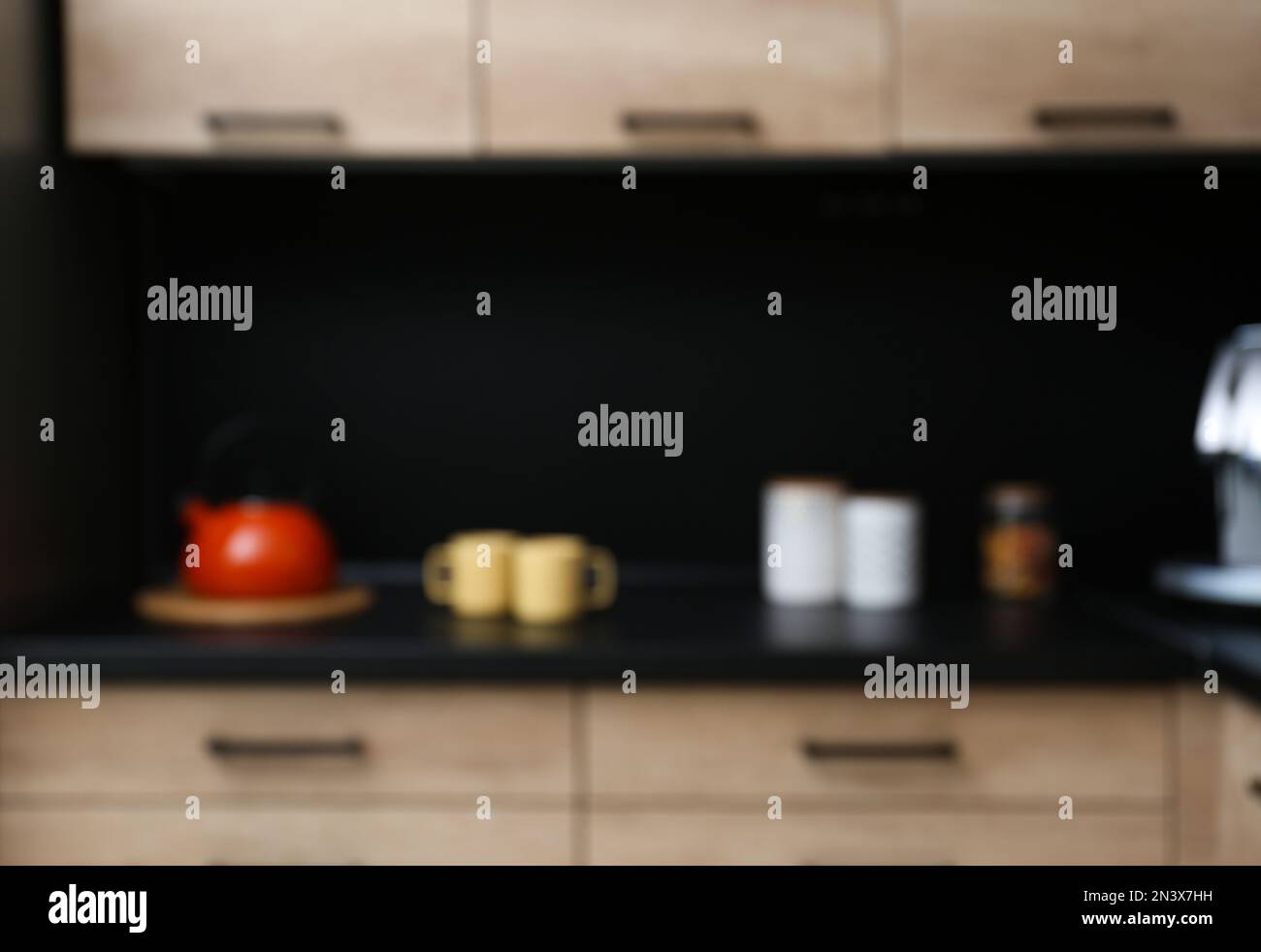 Blurred view of kitchen interior with modern furniture Stock Photo - Alamy