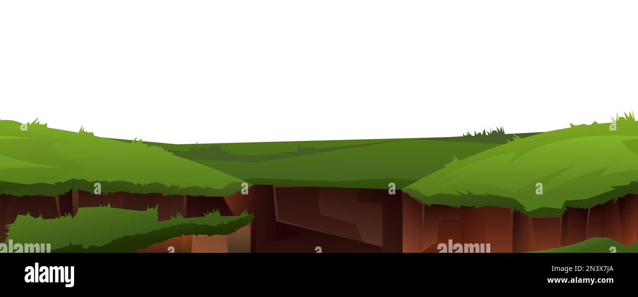 Break into abyss. Crack in ground. Soil burst into grass meadow ...