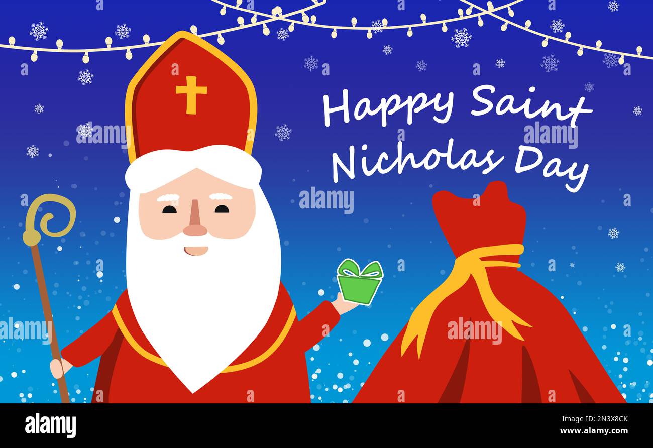 Saint Nicholas with bag on blue background, illustration. Greeting card ...