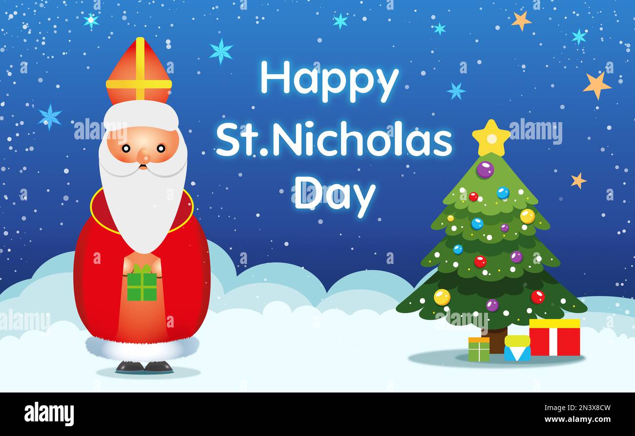 Saint Nicholas and Christmas tree on blue background, illustration ...