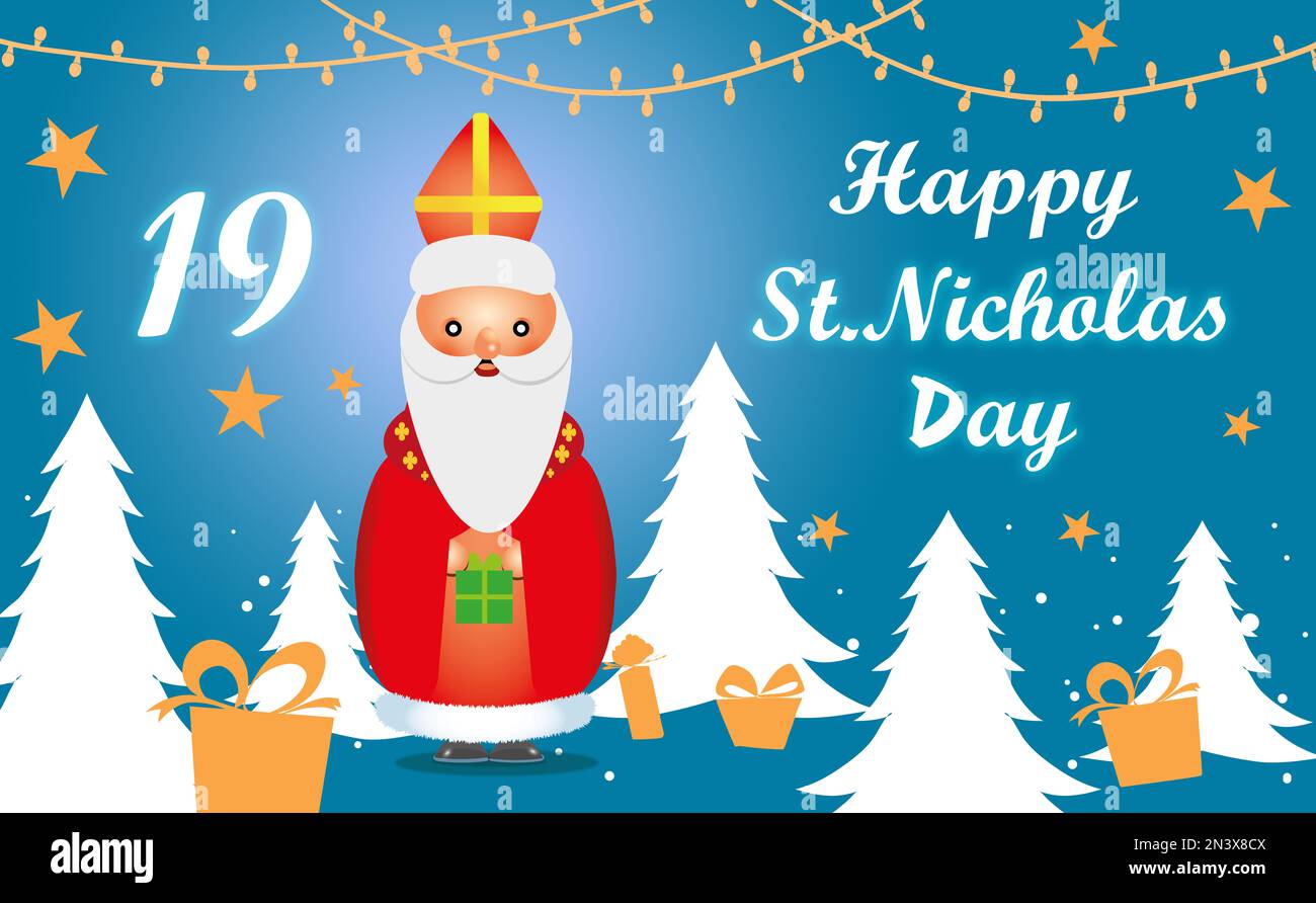 Saint Nicholas on blue background, illustration. Greeting card design ...