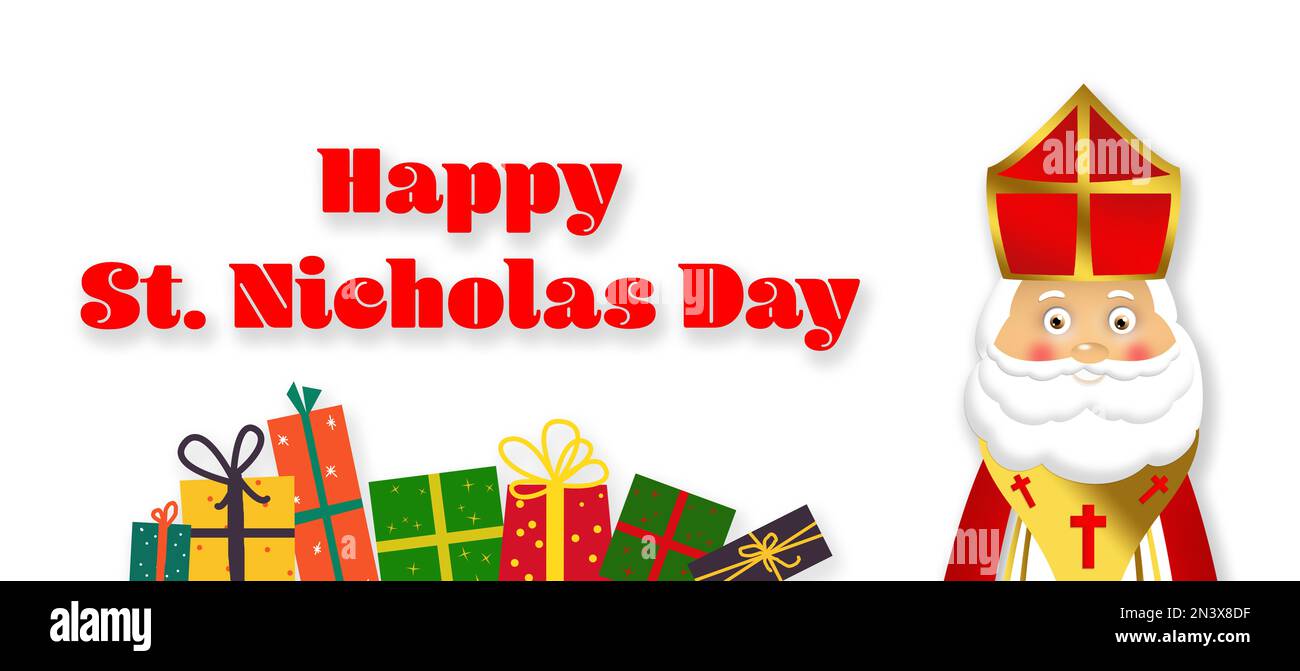 Saint Nicholas and presents on white background, illustration. Greeting ...