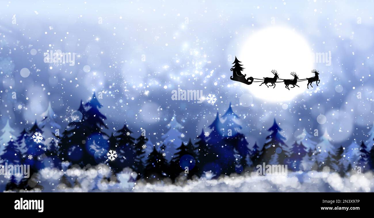 Magic Christmas eve. Reindeers pulling Santa's sleigh in sky on full ...