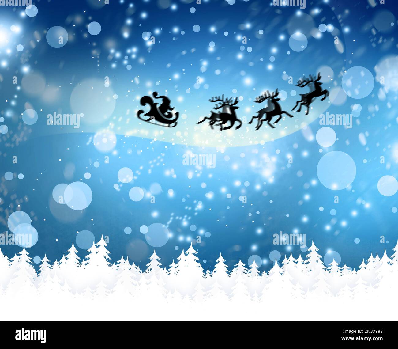 Magic Christmas eve. Santa with reindeers flying in sky on snowy night ...