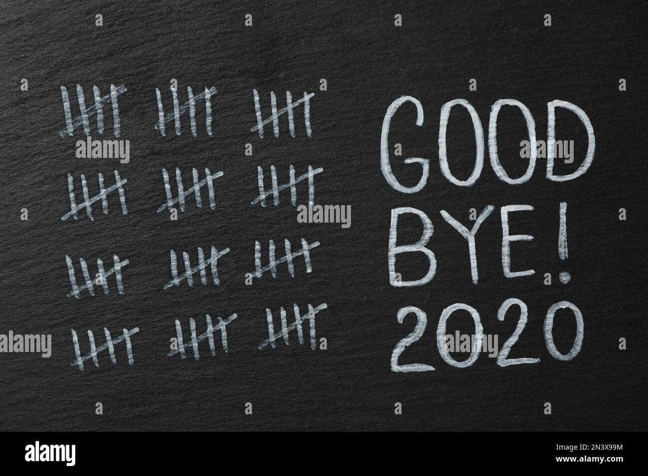 Crossed out sticks and text Goodbye 2020 on black chalkboard Stock ...
