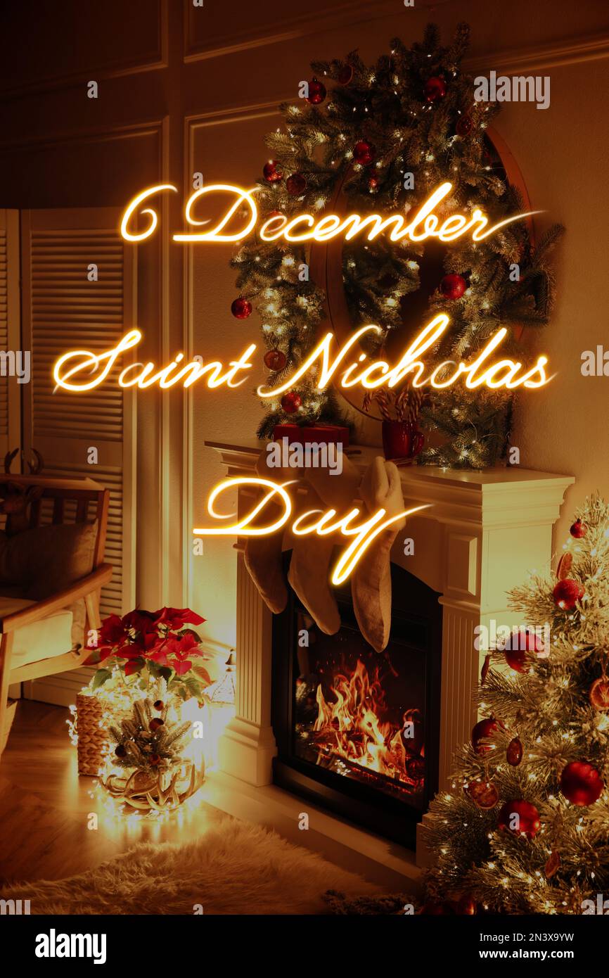 6 December Saint Nicholas Day. Christmas stockings hanging on fireplace ...