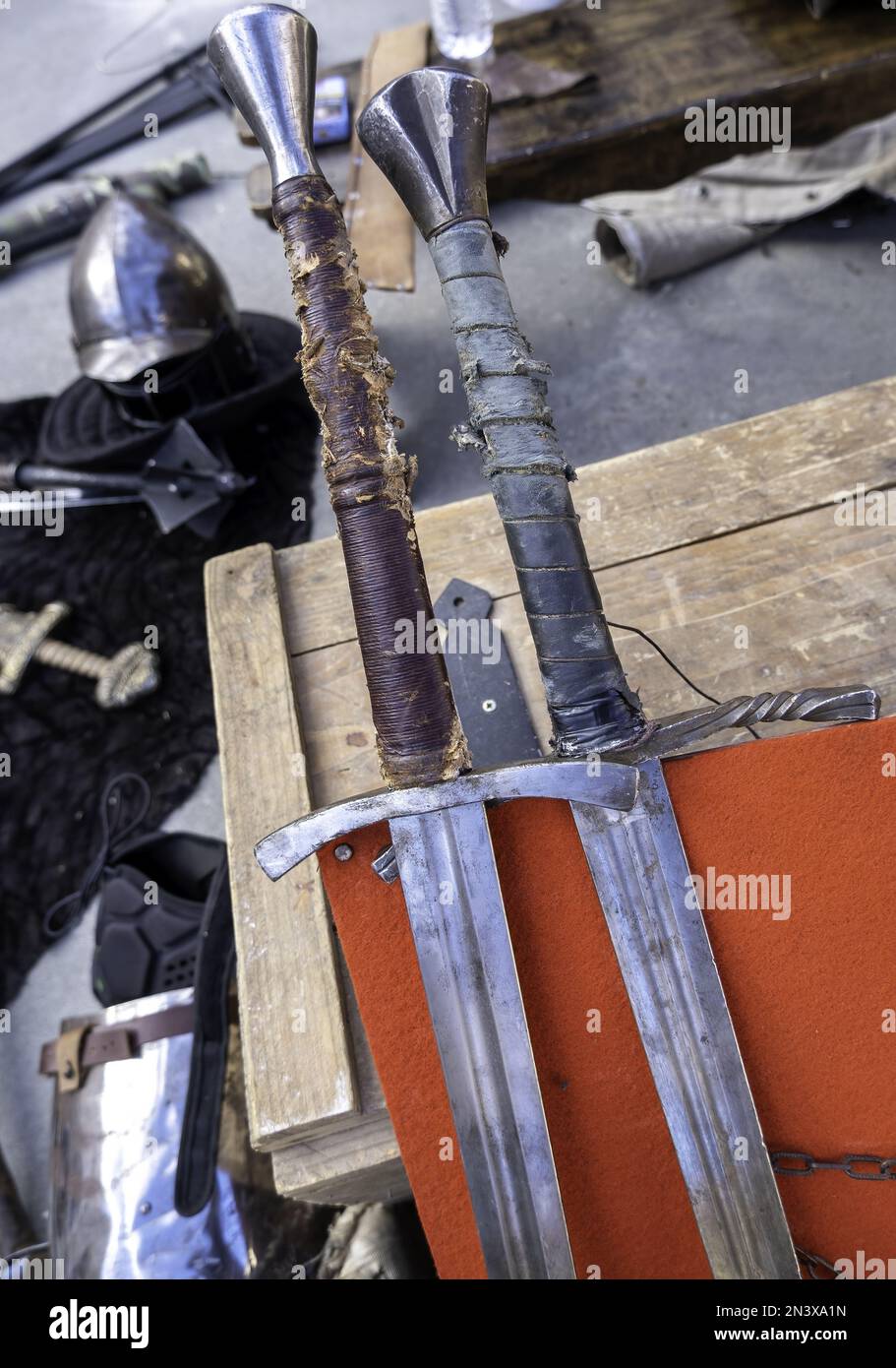 Detail of old tools of war, inquisition, Templars Stock Photo - Alamy