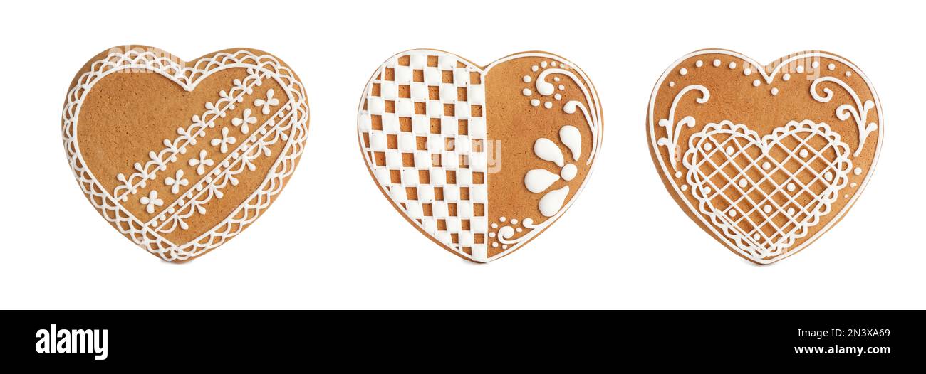 Set of Christmas gingerbread heart shaped cookies on white background ...