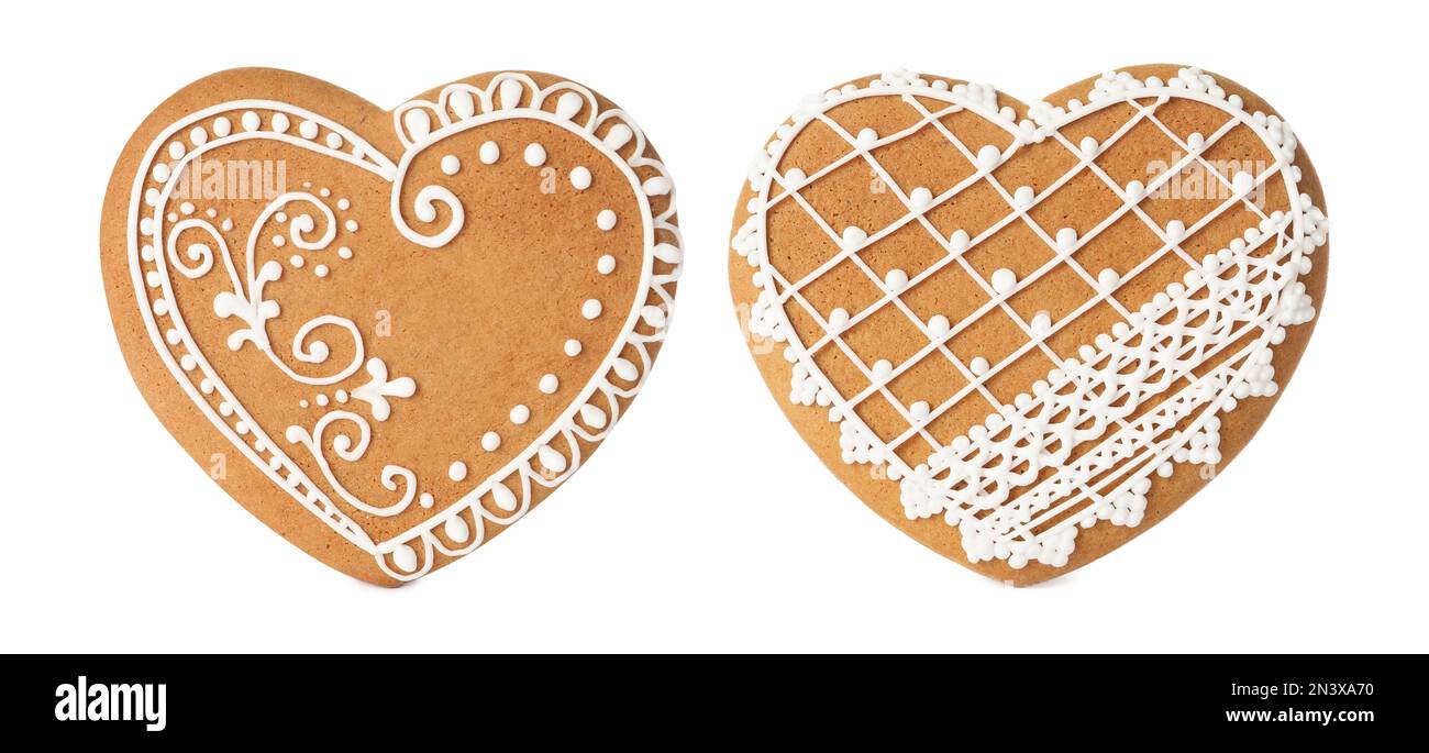 Christmas gingerbread heart shaped cookies on white background, closeup ...