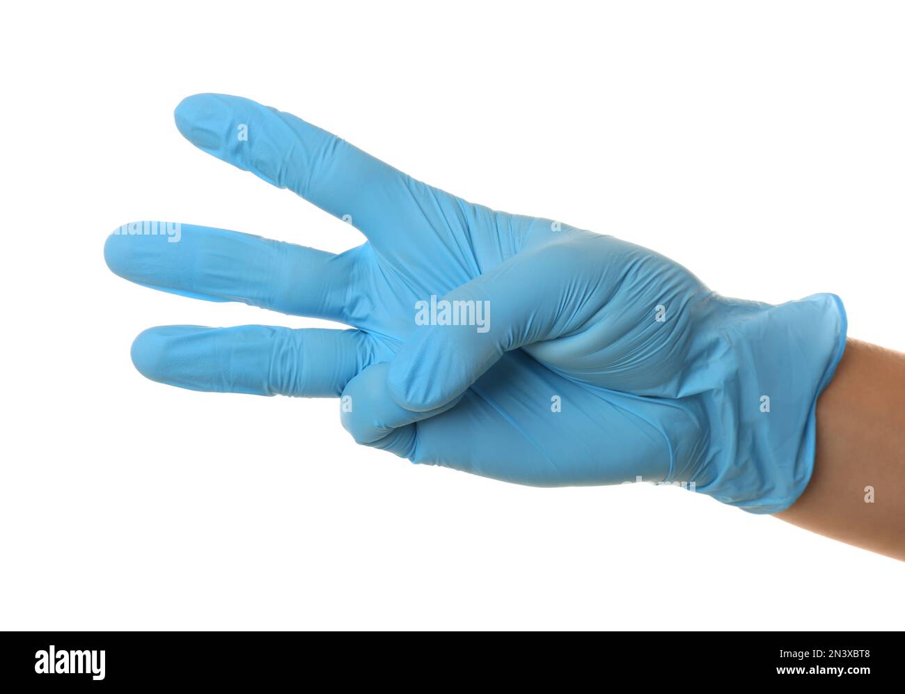 Person in blue latex gloves showing number three against white ...