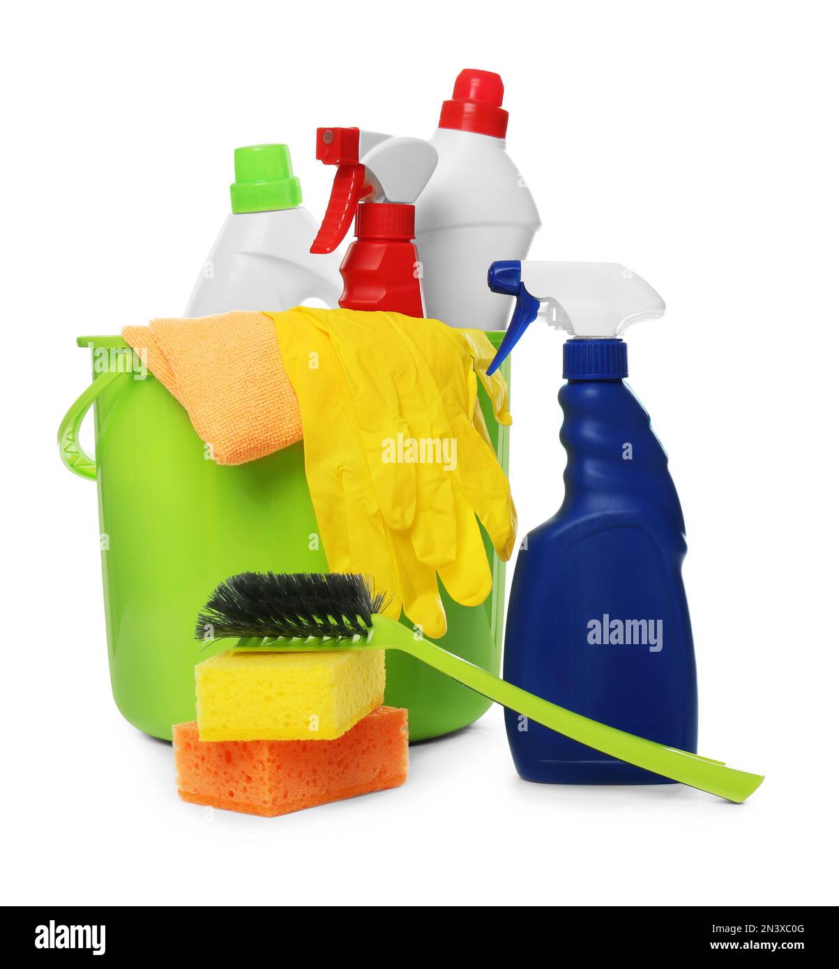Bucket with different cleaning products and tools on white background ...
