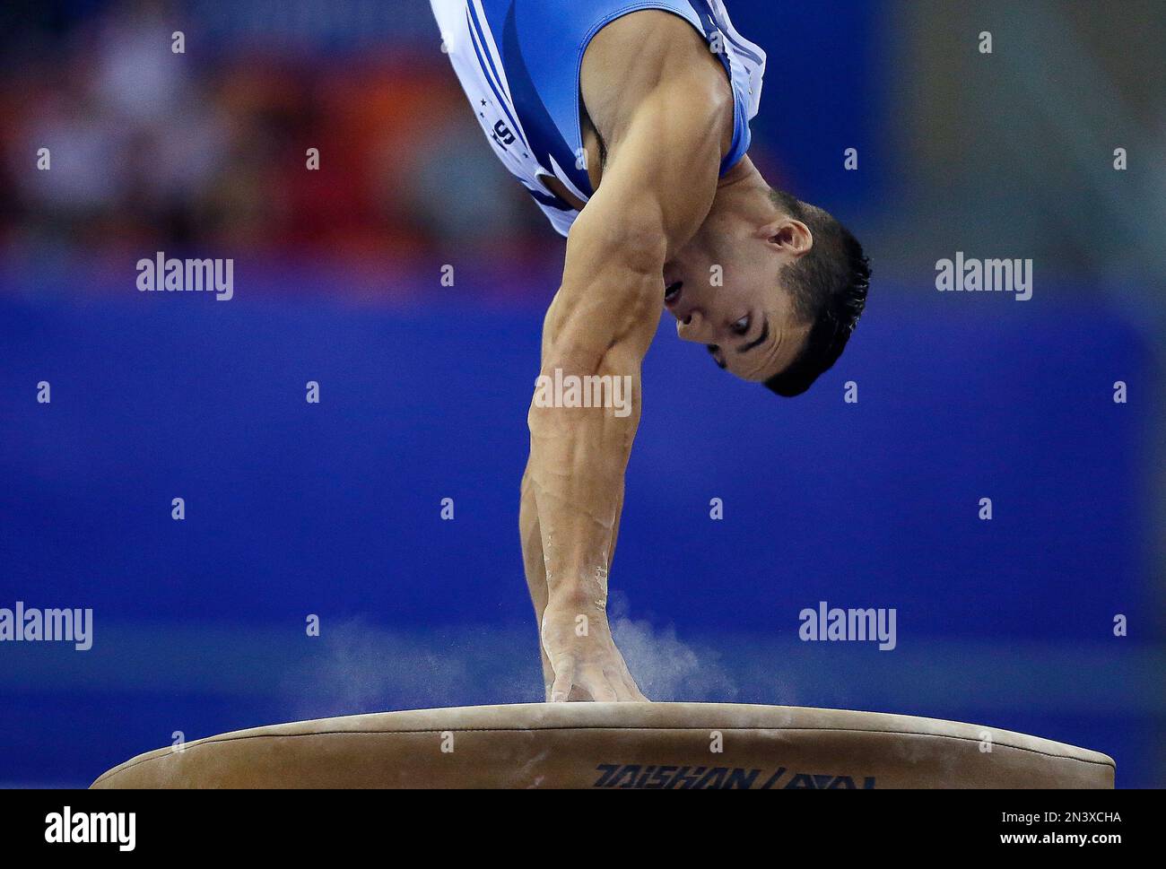 Jacob Dalton of the United States competes in the vault during the men ...
