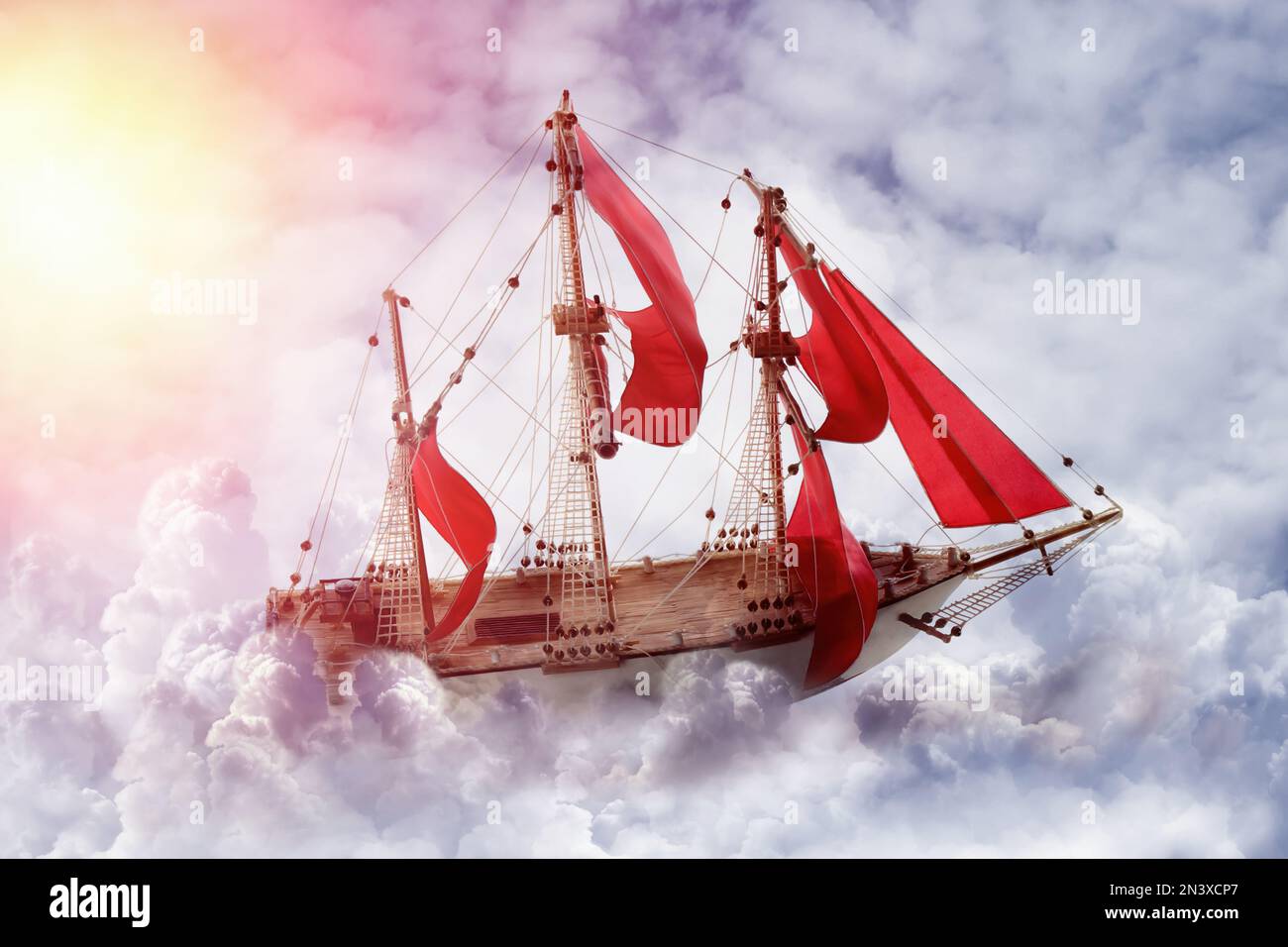Dream world. Sailing ship floating among wonderful fluffy clouds Stock ...