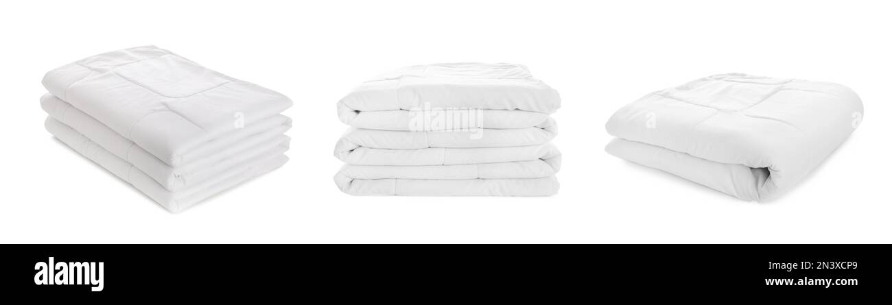 Set of folded blankets isolated on white. Banner design Stock Photo - Alamy