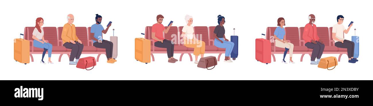 Passengers sitting in airport chairs semi flat color vector characters ...