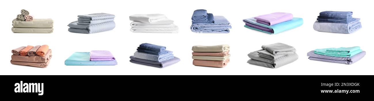 Set with stacks of clean bed linen on white background. Banner design ...
