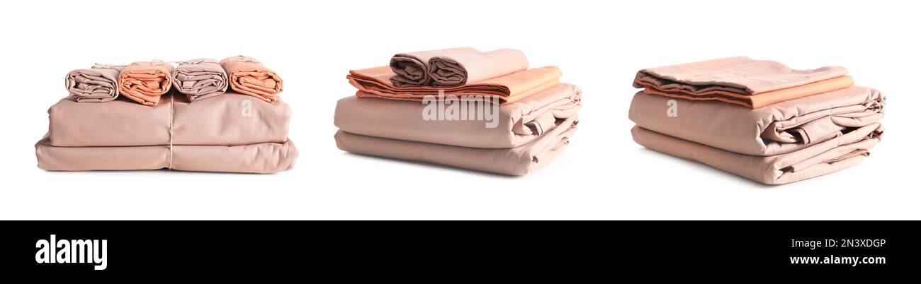 Set with stacks of clean bed linen on white background. Banner design ...