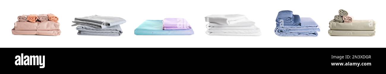 Set with stacks of clean bed linen on white background. Banner design ...