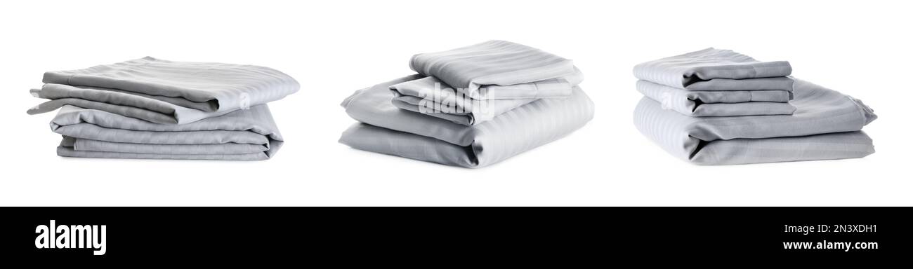 Set with stacks of clean bed linen on white background. Banner design ...
