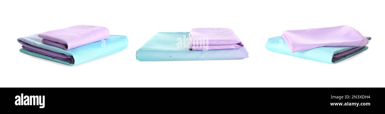 Set with stacks of clean bed linen on white background. Banner design ...