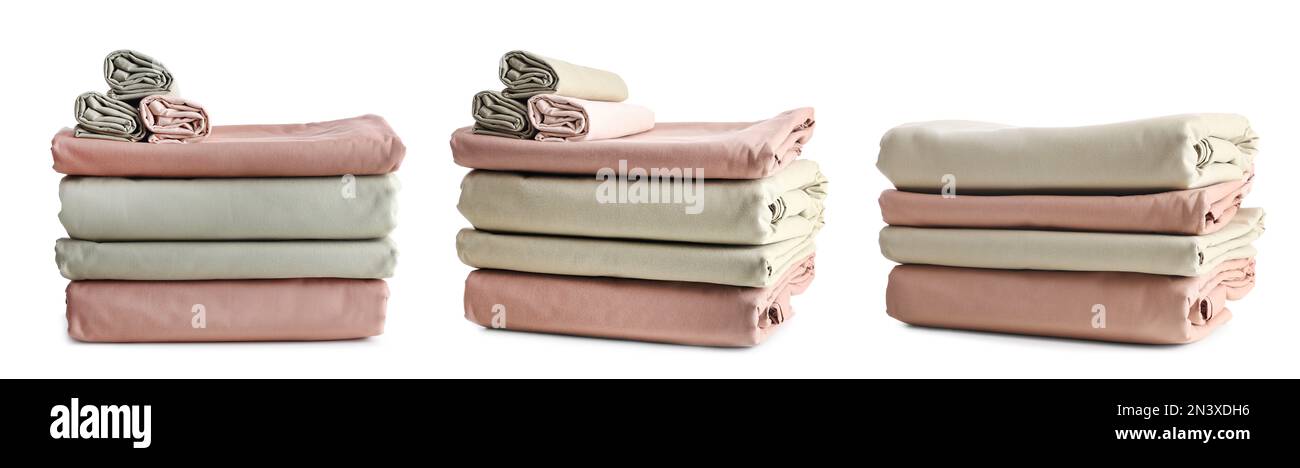 Set with stacks of clean bed linen on white background. Banner design ...