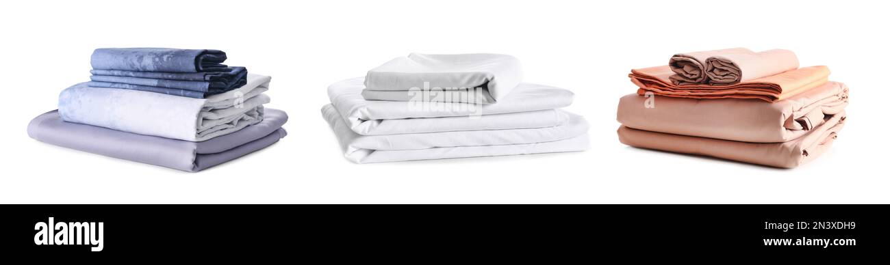 Set with stacks of clean bed linen on white background. Banner design ...