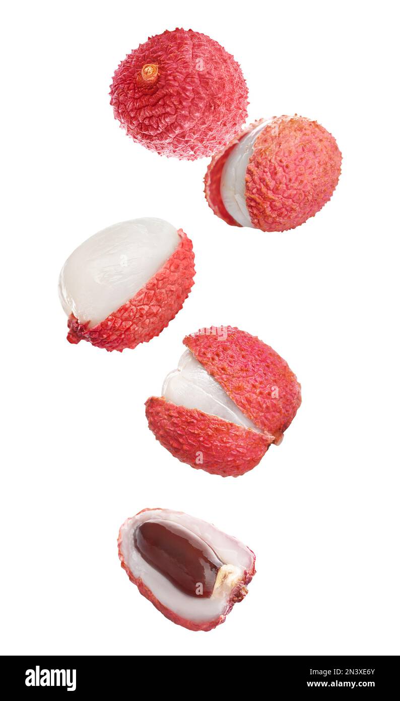 Set of falling delicious lychees on white background Stock Photo - Alamy