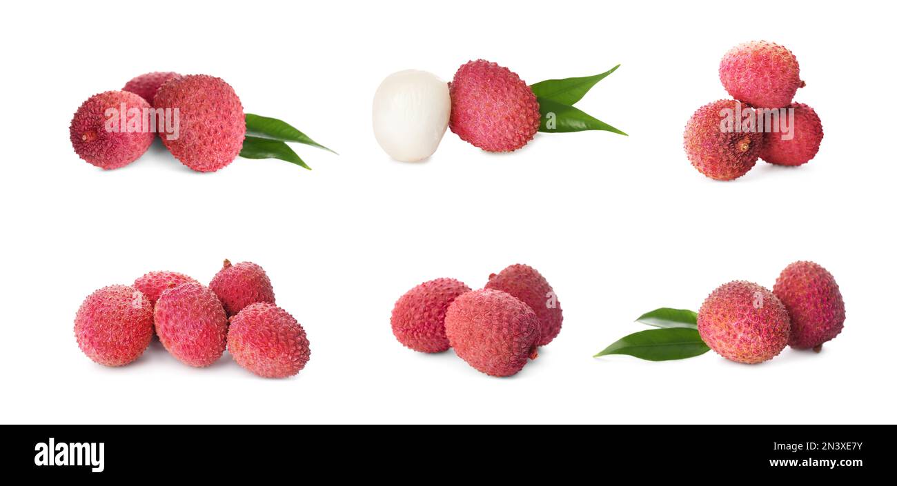 Set of delicious fresh lychees on white background. Banner design Stock ...