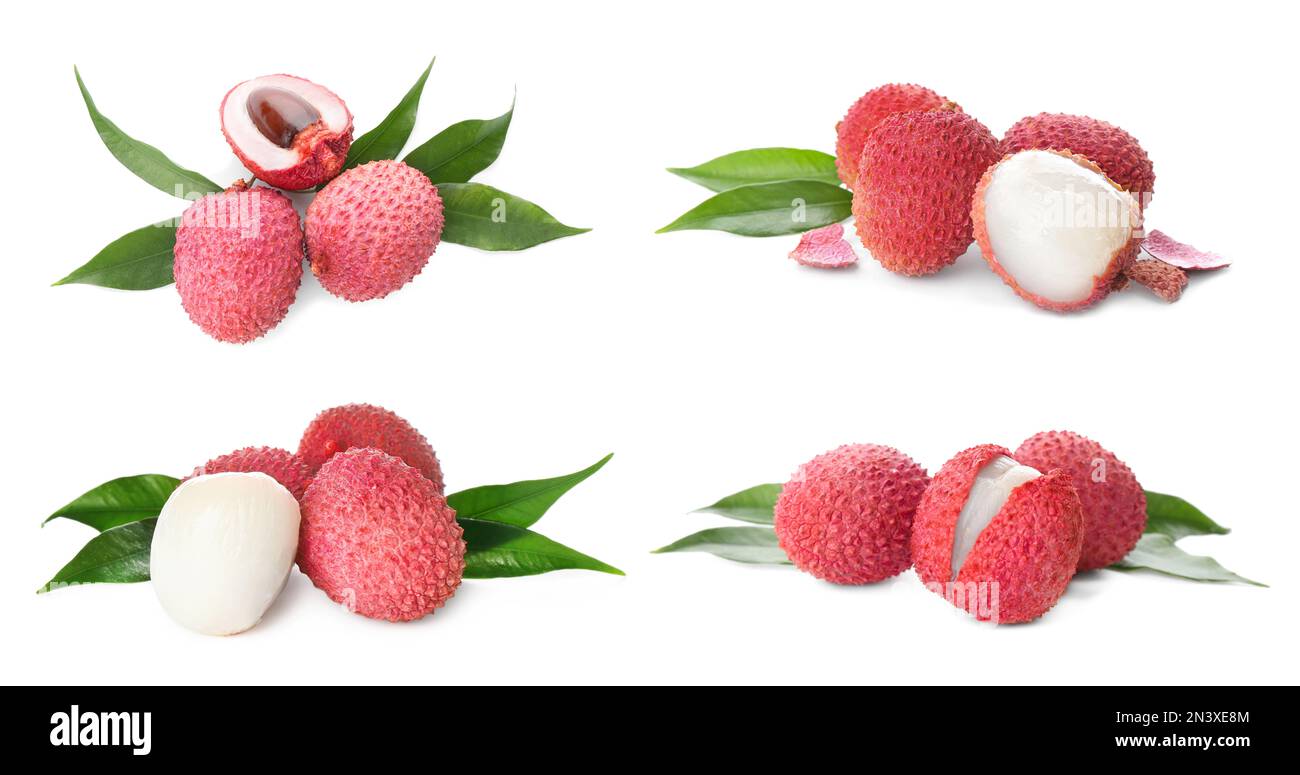 Set of delicious fresh lychees on white background. Banner design Stock ...