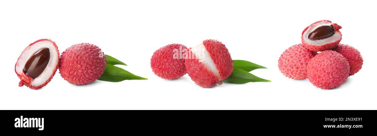 Set of delicious fresh lychees on white background. Banner design Stock ...