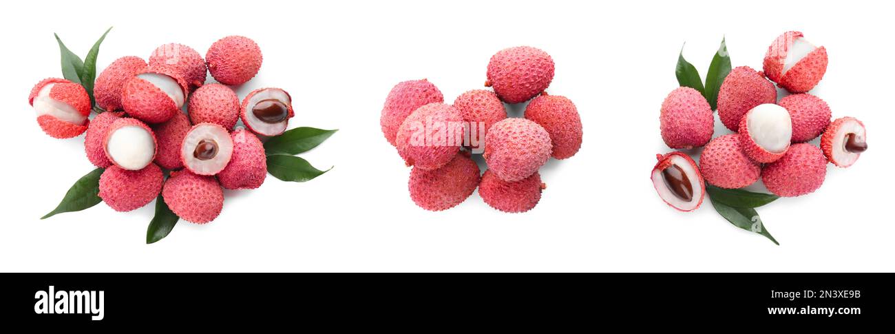 Set of delicious fresh lychees on white background, top view. Banner ...