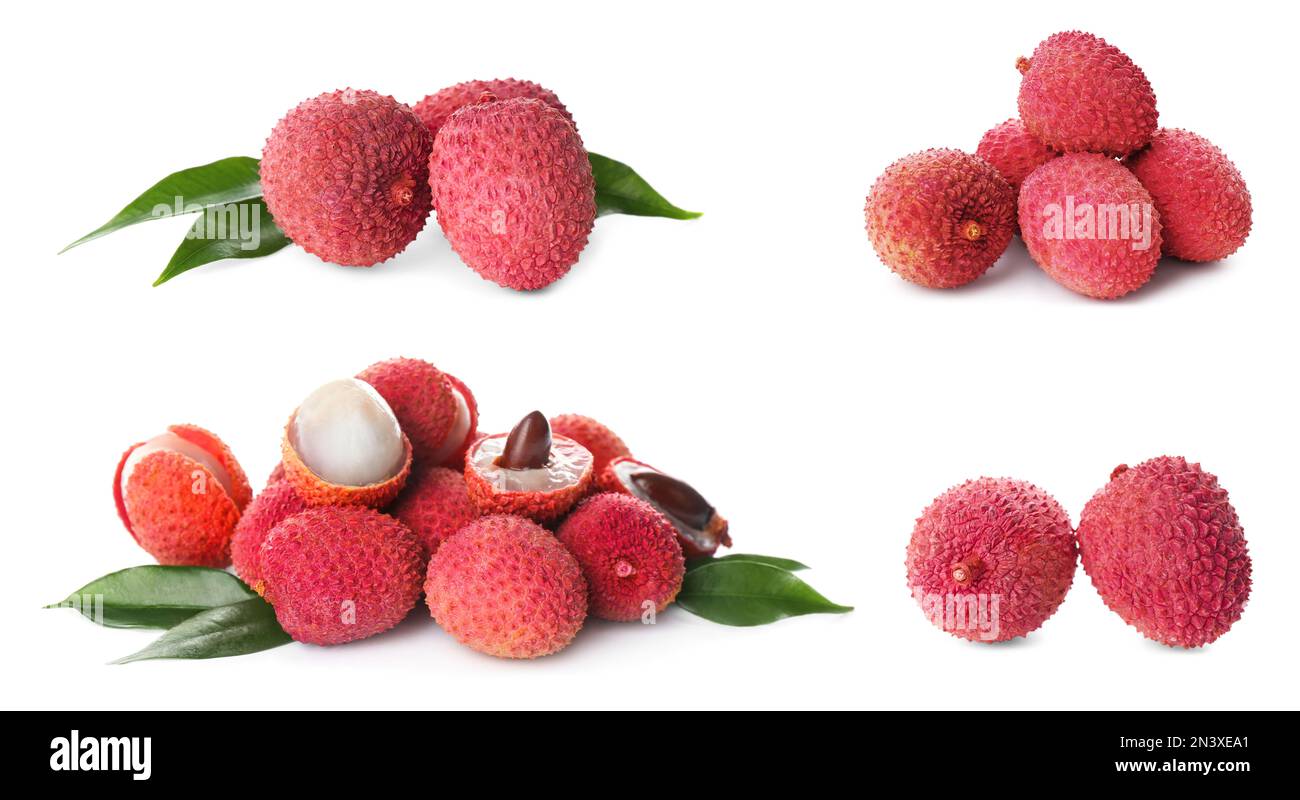 Set of delicious fresh lychees on white background. Banner design Stock ...