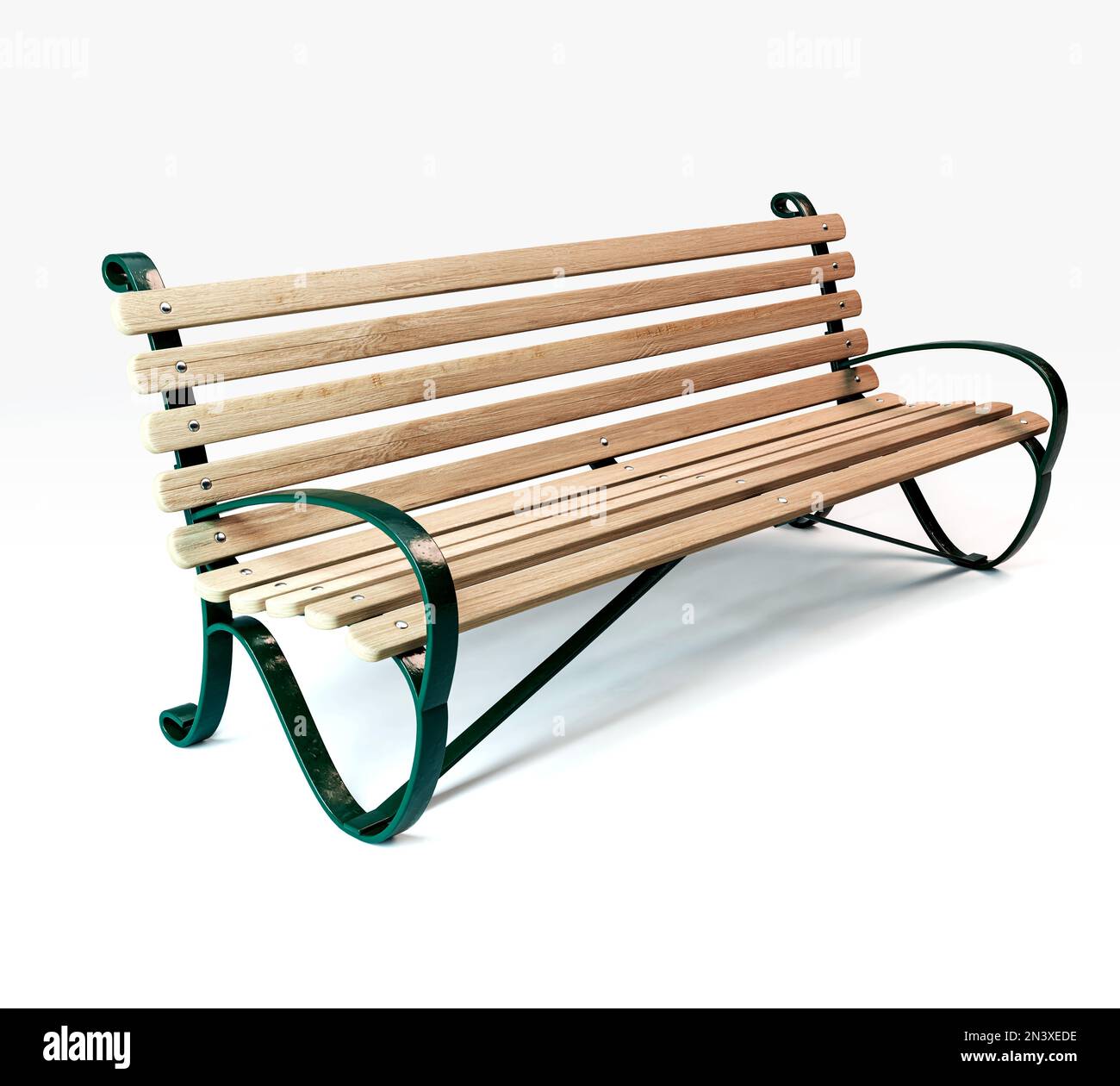 An empty slatted wood and iron public park bench on an isolated white ...