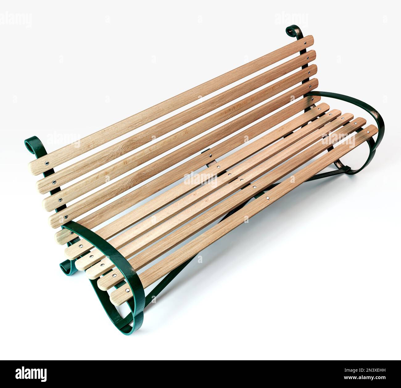 An empty slatted wood and iron public park bench on an isolated white ...