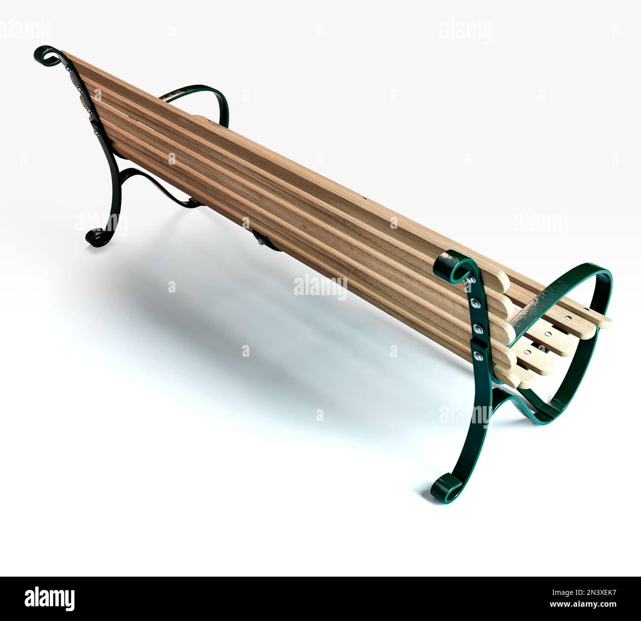 An empty slatted wood and iron public park bench on an isolated white ...