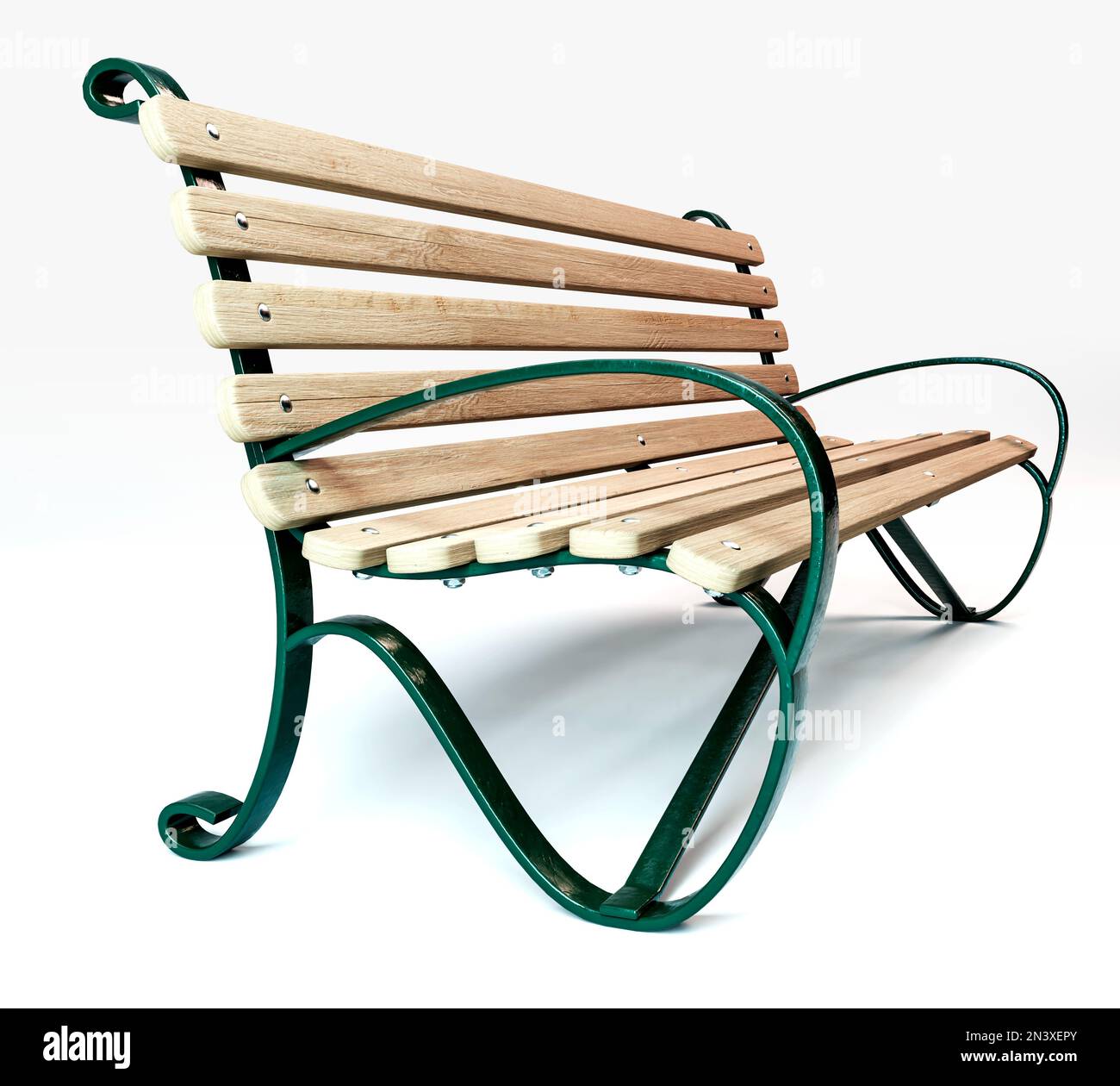 An empty slatted wood and iron public park bench on an isolated white ...