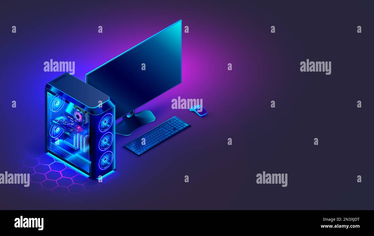 Gaming PC computer glowing in dark. Isometric illustration of modern ...