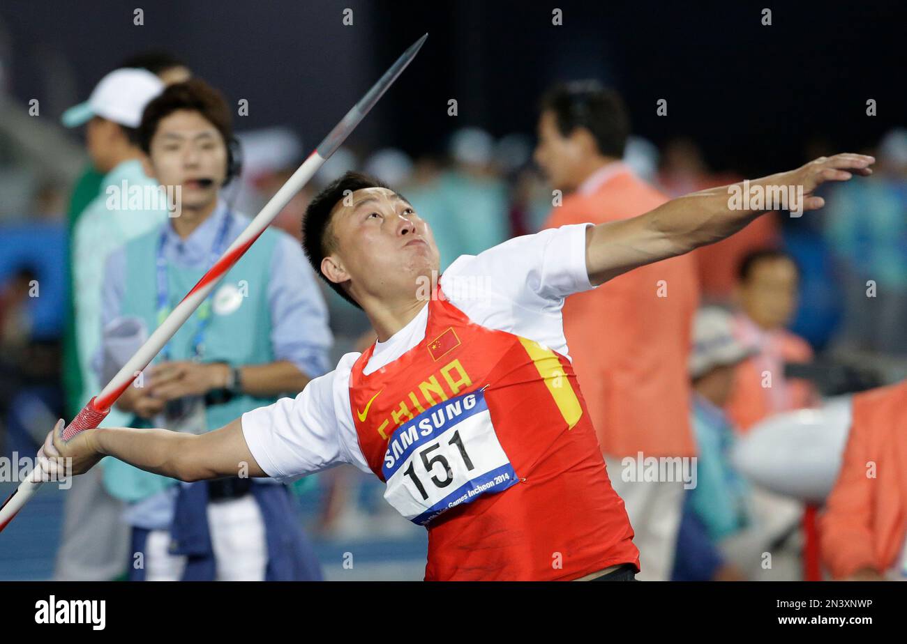 China's Zhao Qinggang competes in the men's javelin throw final at the ...