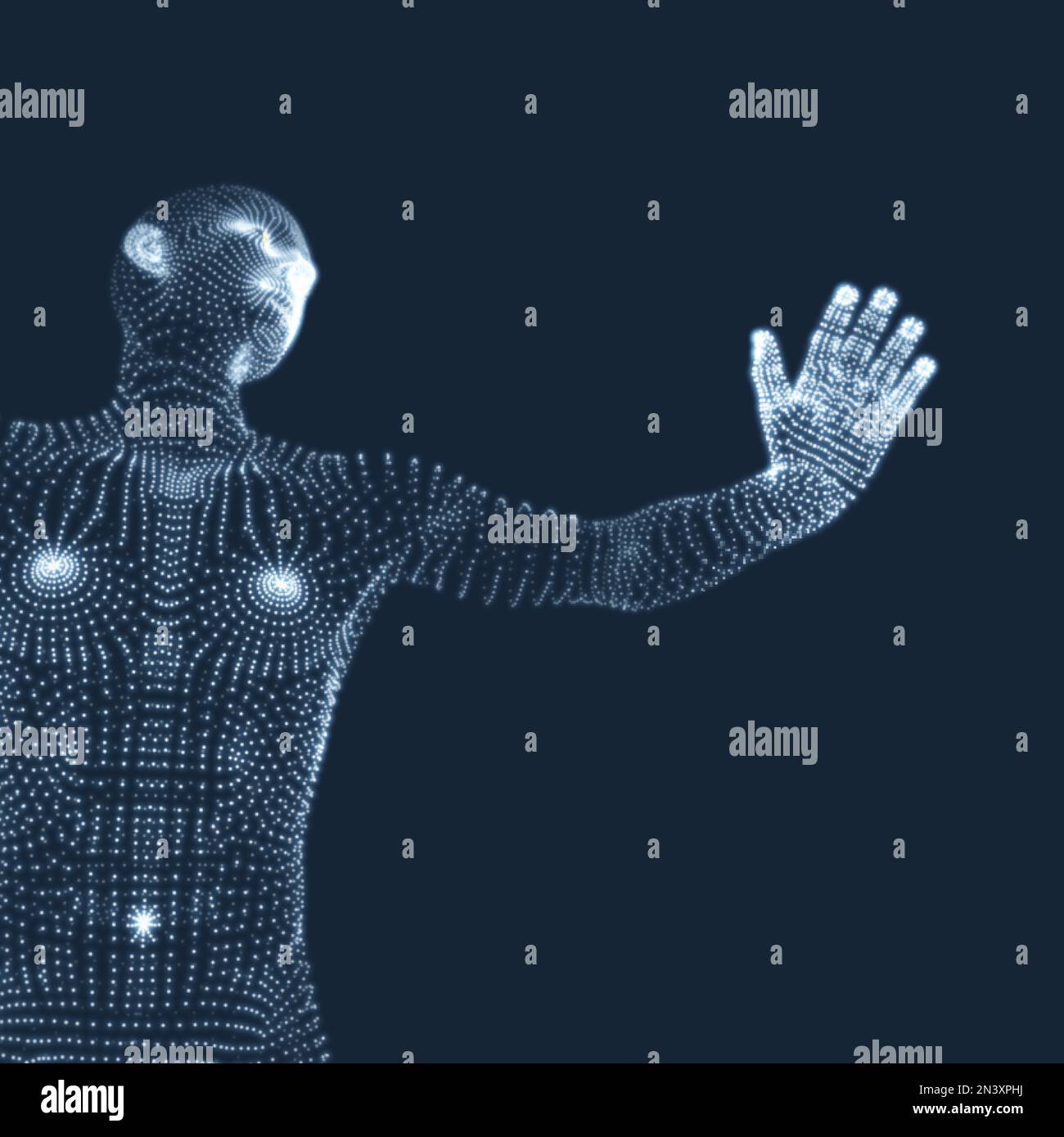 Vector man with hand up to stop. Human showing stop gesture. 3D model ...
