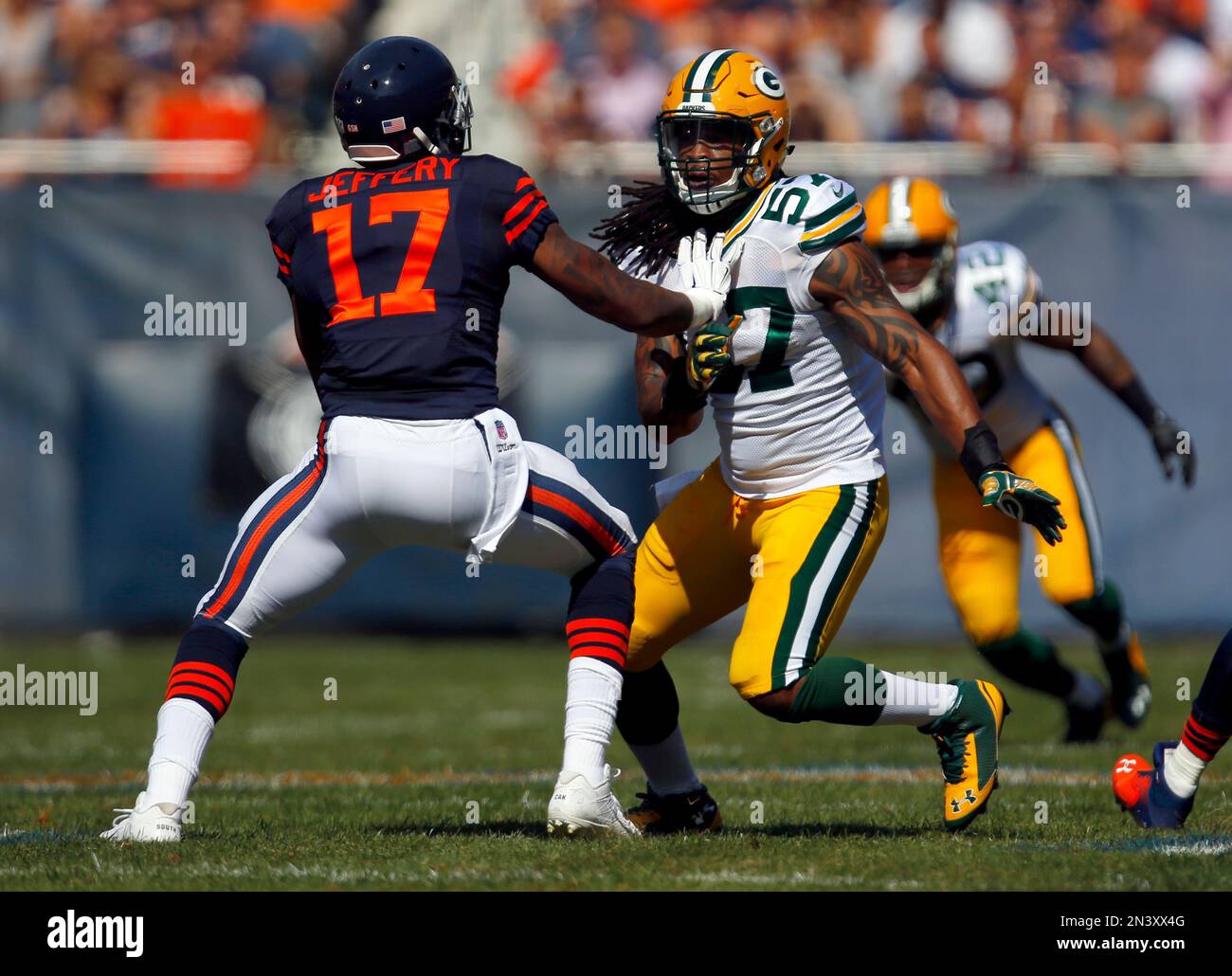 Green Bay Packers inside linebacker Jamari Lattimore (57) is blocked by ...