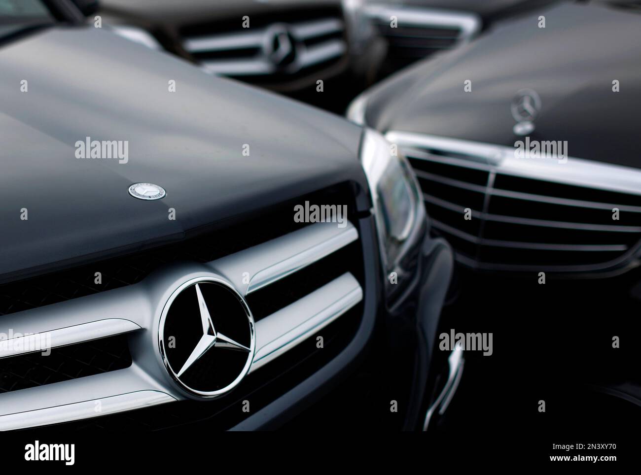 In this March 27, 2014 picture, rows of Mercedes-Benz cars and SUVs ...