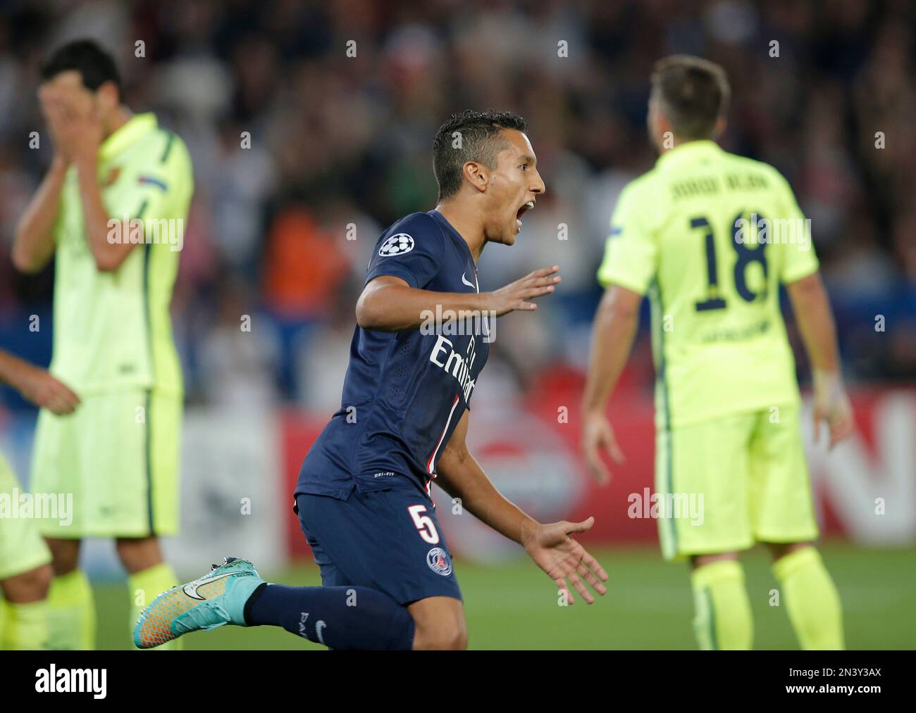 PSG's Marquinhos celebrates after teammate David Luiz scored a goal ...