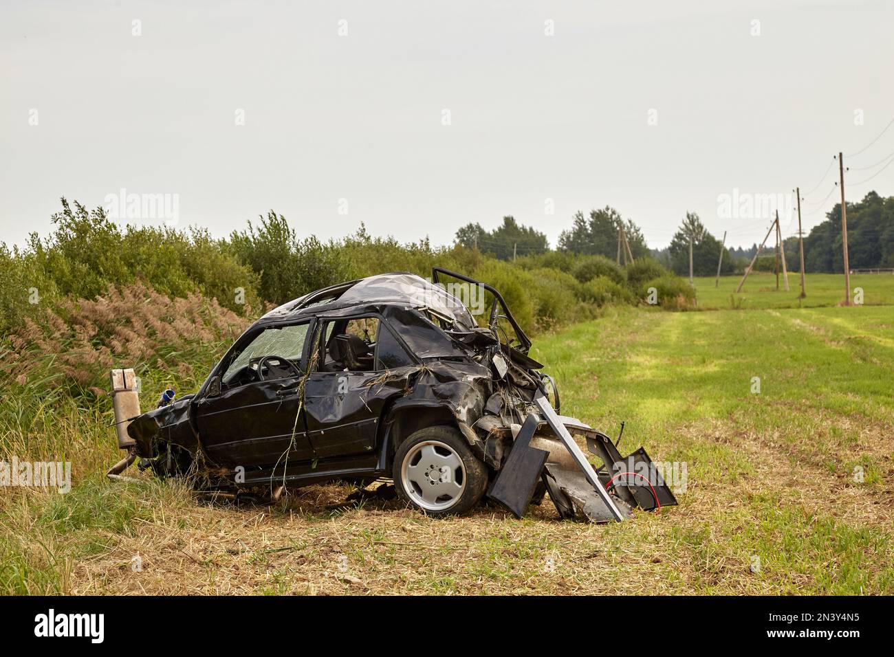 August 19, 2022 Mengele, Latvia: car after accident on a road because ...
