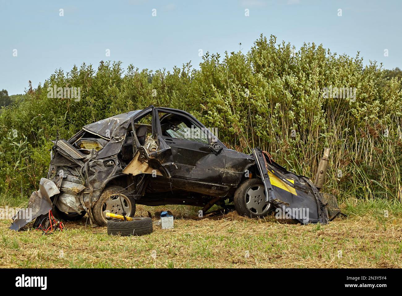 August 19, 2022 Mengele, Latvia: car after accident on a road because ...