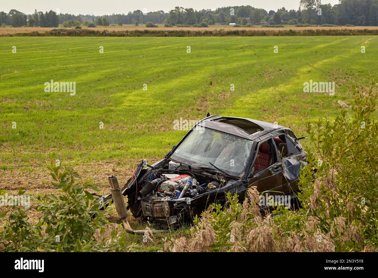 August 19, 2022 Mengele, Latvia: car after accident on a road because ...