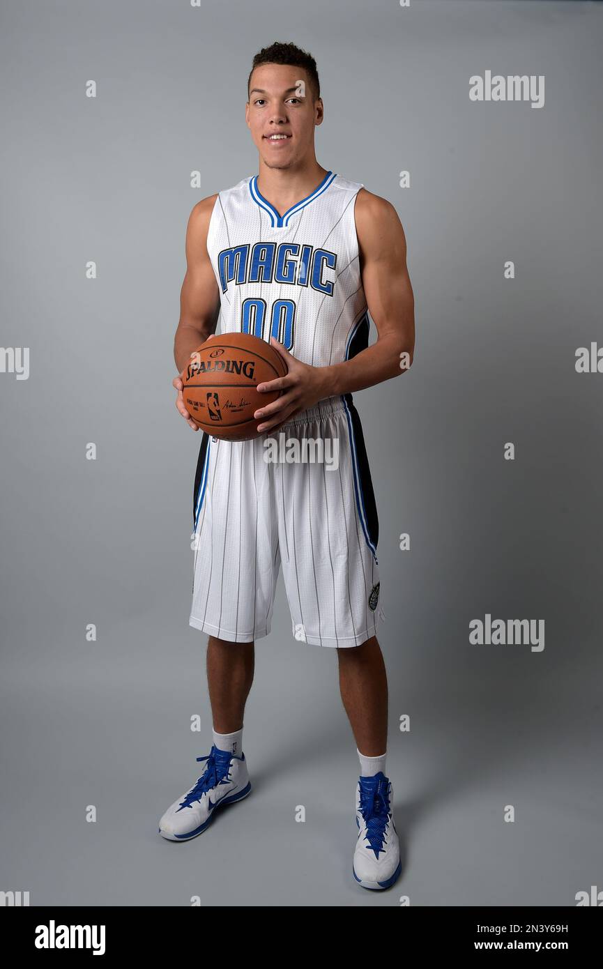 Orlando Magic forward Aaron Gordon poses at the team's NBA basketball ...