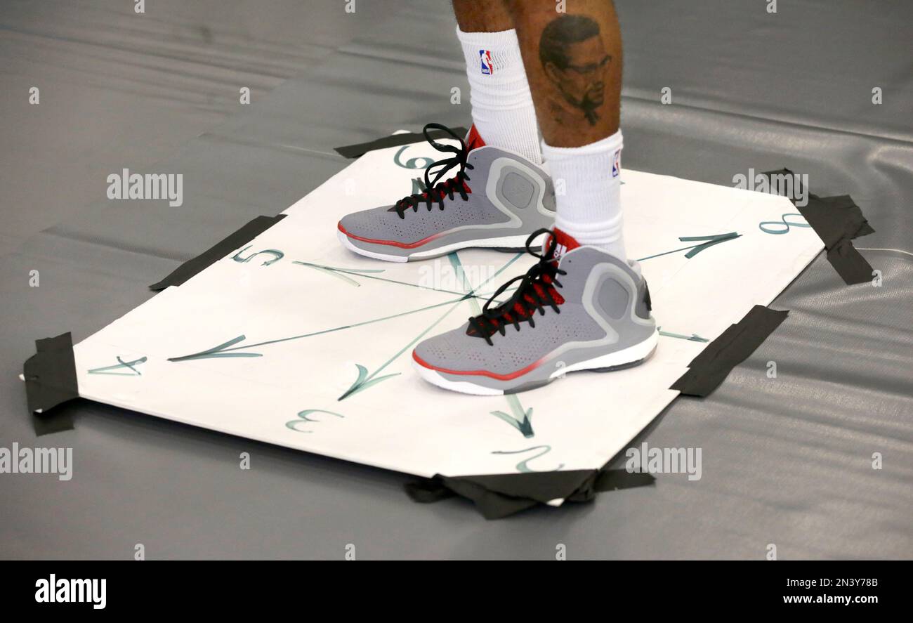 Chicago Bulls guard Derrick Rose stands on a pose chart wearing his D ...