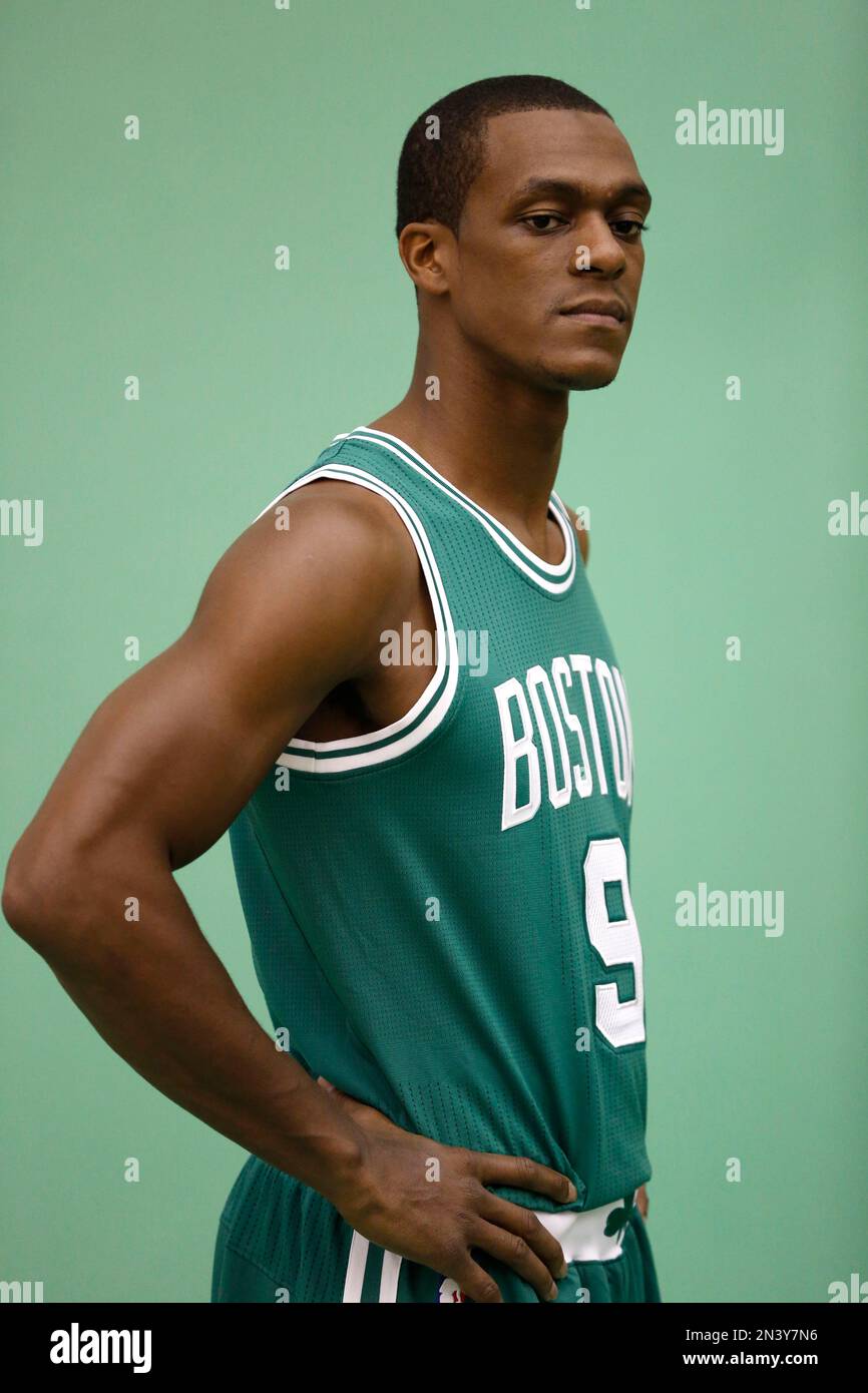 Boston Celtics guard Rajon Rondo poses for a camera during a photo ...