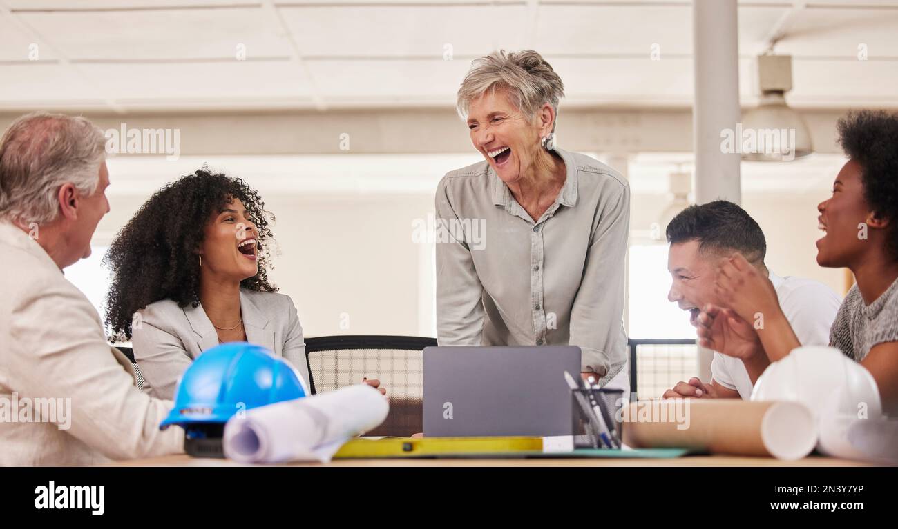 Laughing, conversation and employees in an engineering meeting for ...